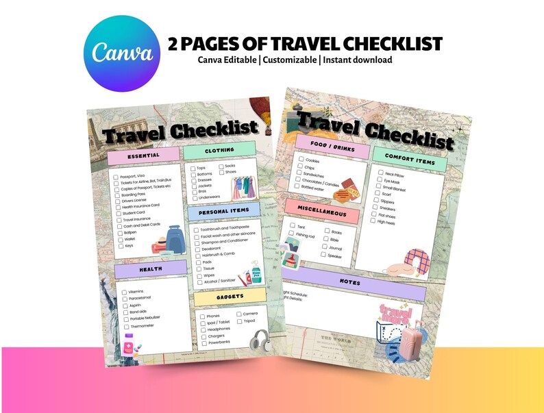 Editable Travel Organizer Checklist Vacation Holiday Travel Planner ...