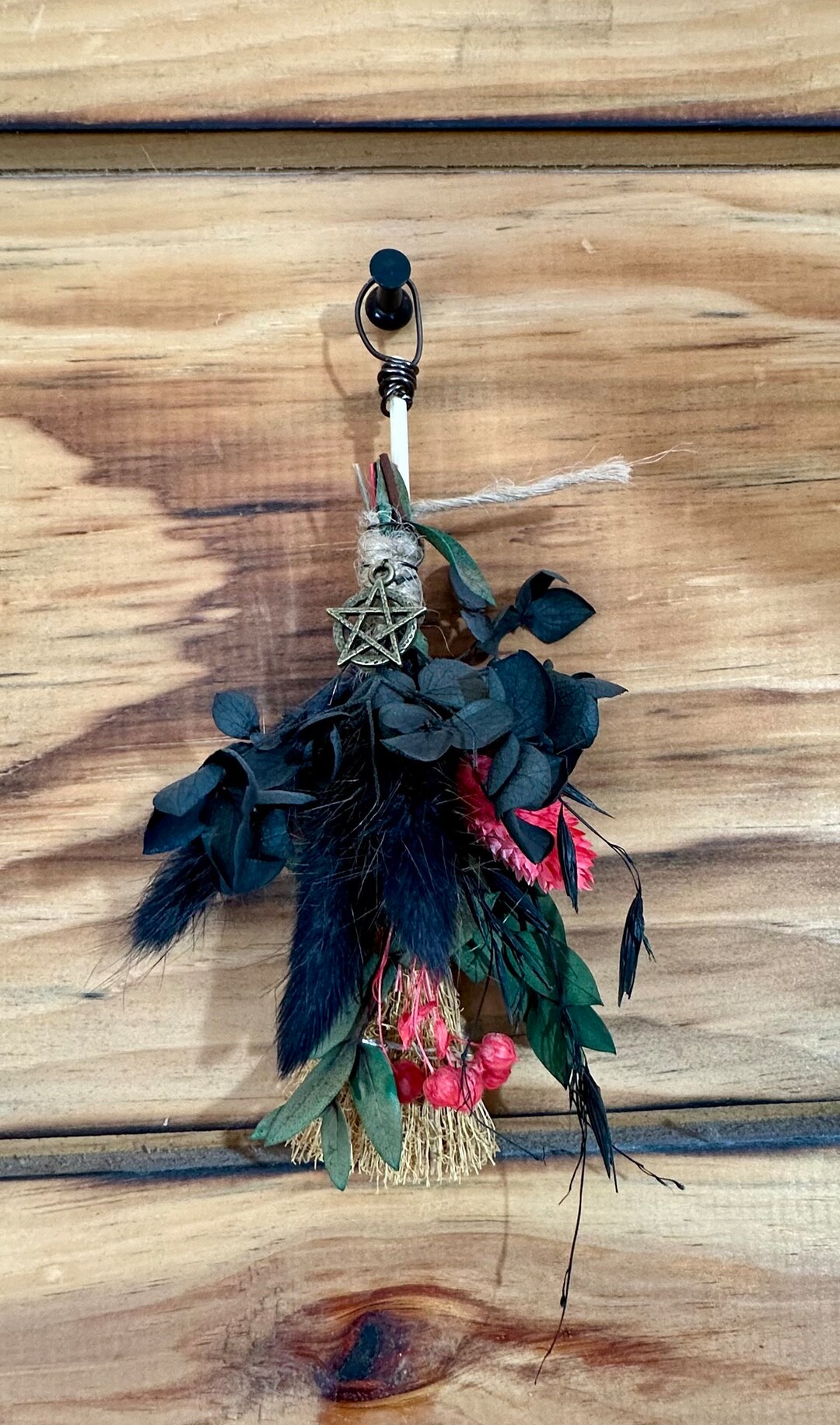 Small Witches Broom Wall Hanging With Black and Red Floral Decor and ...