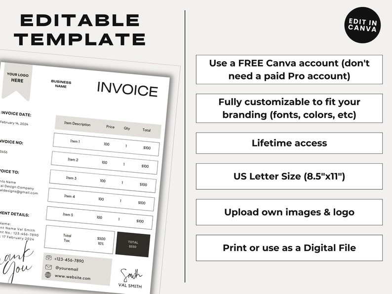 Editable Invoice Template for Canva, Professional Invoice Design ...
