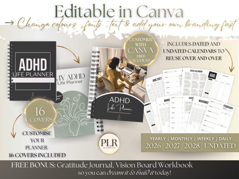 ADHD Life Planner, ADHD Calendar Planner, Editable Canva Templates ...