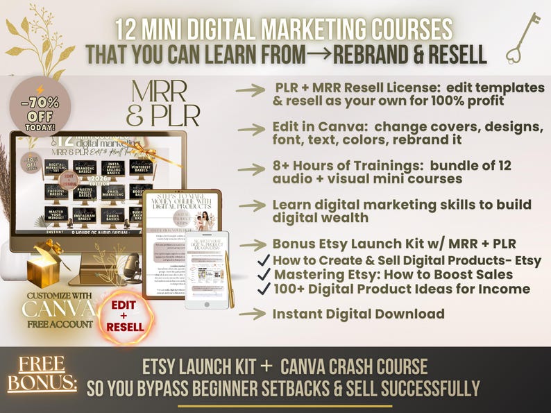 12 Mini Courses Digital Marketing PLR Rights, MRR, Canva Editable ...