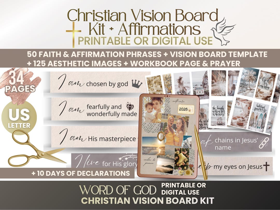 Christian Vision Board Printable, 2026 Vision Board Kit Editable Canva ...