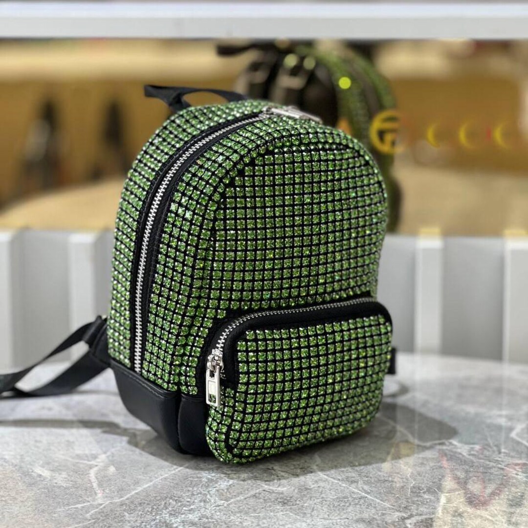 Green Rhinestone Backpack, Sparkly Shoulder Bag, Shiny Silver Mini ...