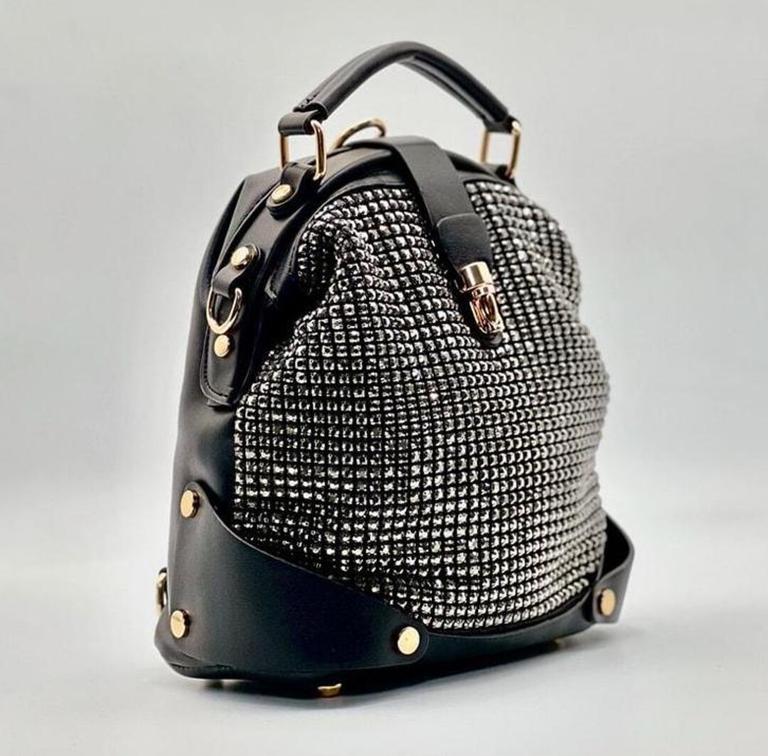 Black Rhinestone Backpack, Sparkly Shoulder Bag, Shiny Black Backpack ...