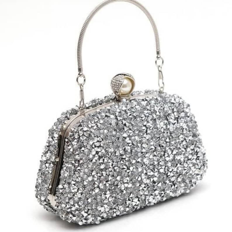 Shiny Silver Crystal Evening Clutch Bag, Silver Stone Clutch, Luxury ...