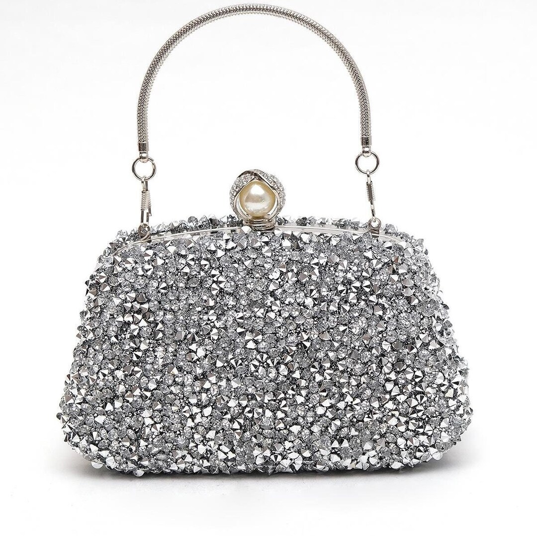 Shiny Silver Crystal Evening Clutch Bag, Silver Stone Clutch, Luxury ...