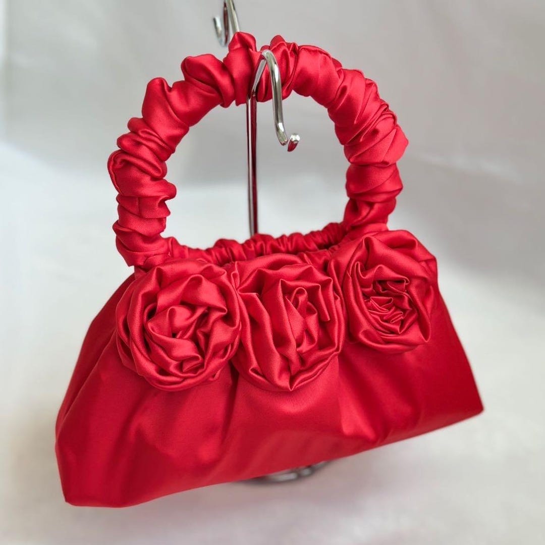 Red Satin Evening Bag, Rose Detailed Bridesmaid Bag, Bridal Wedding ...