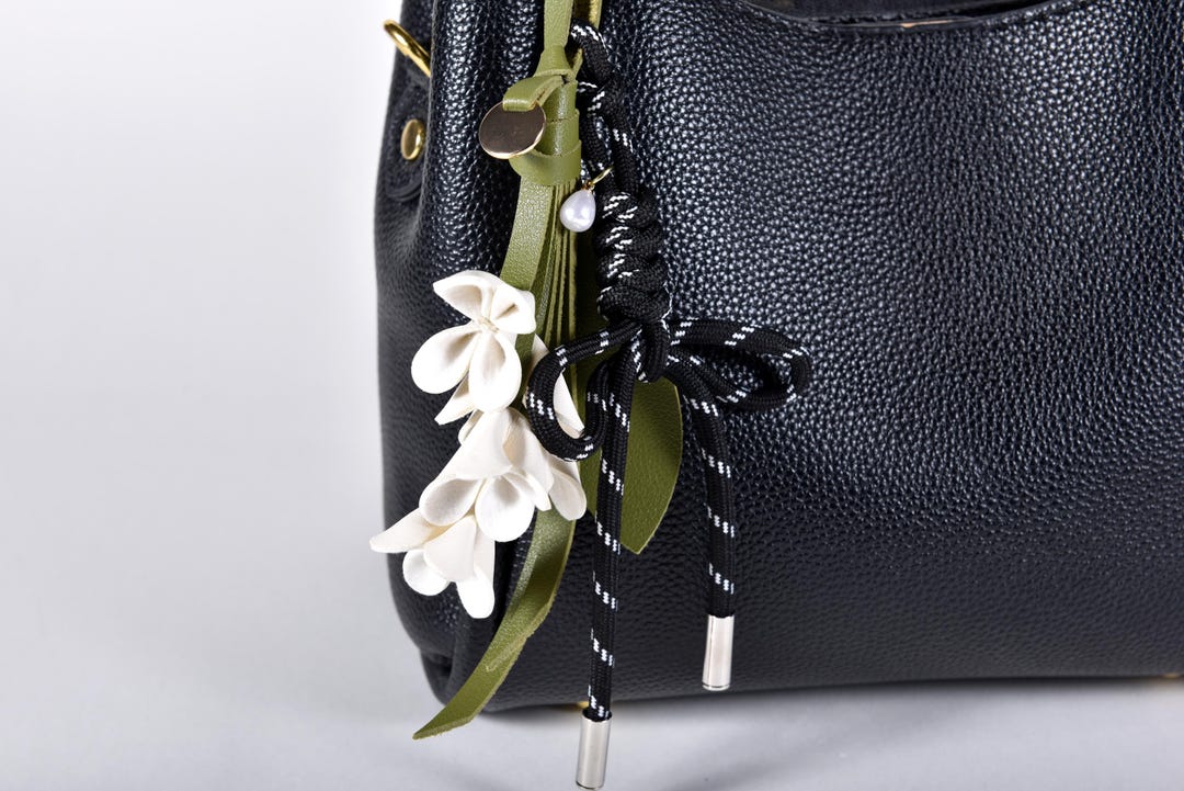 Floral Leather Bag Charm: Braided Cord Knot, Pearl Accent Handbag Charm ...