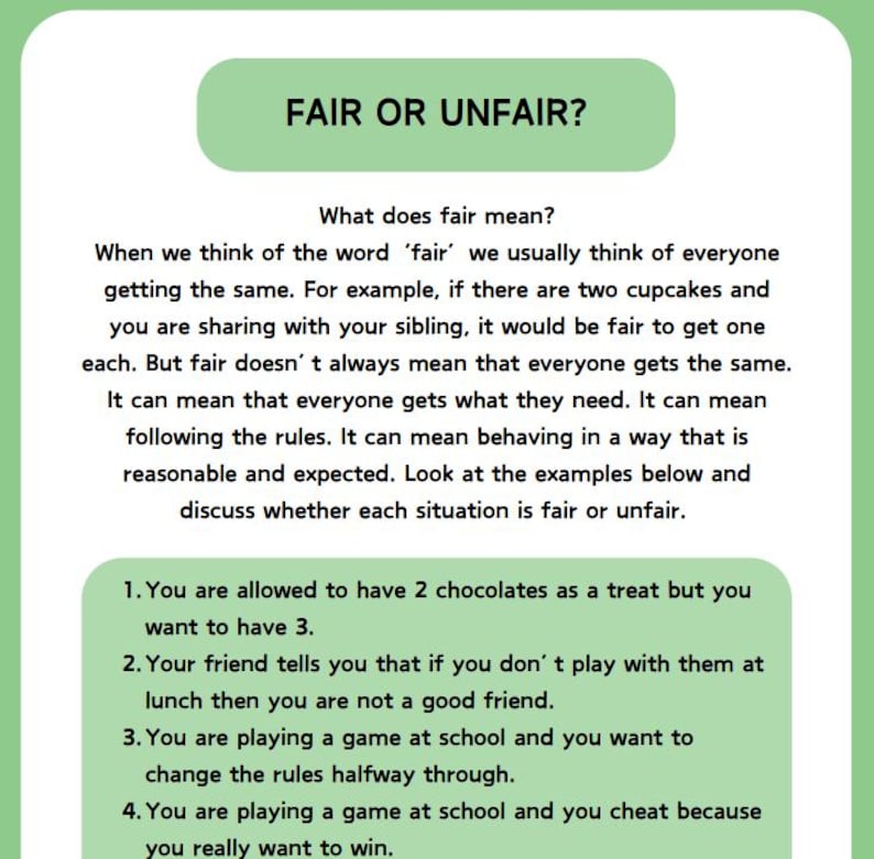 Fair or Unfair: Social Emotional Learning Digital Worksheet for Kids - Etsy