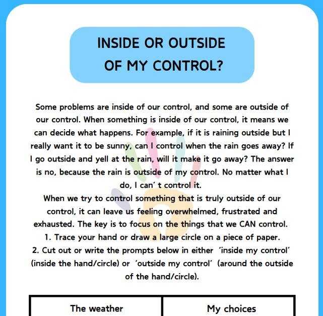 Inside Vs. Outside My Control Worksheet for Kids | Mindfulness Activity ...