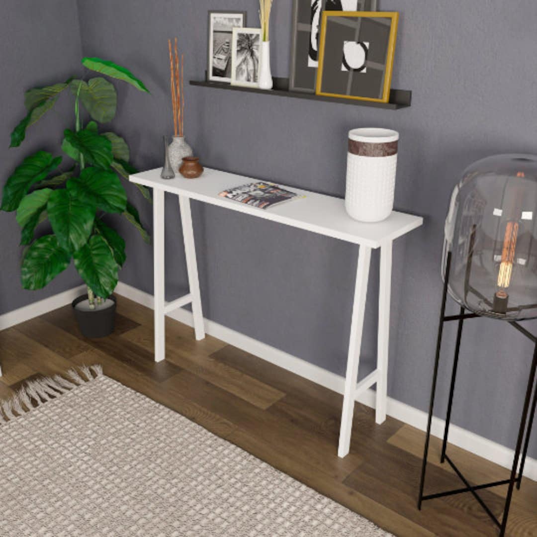 White Wooden Narrow Console Table, Narrow Sofa Table, Tall Console ...