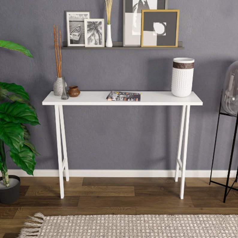 White Wooden Narrow Console Table, Narrow Sofa Table, Tall Console ...