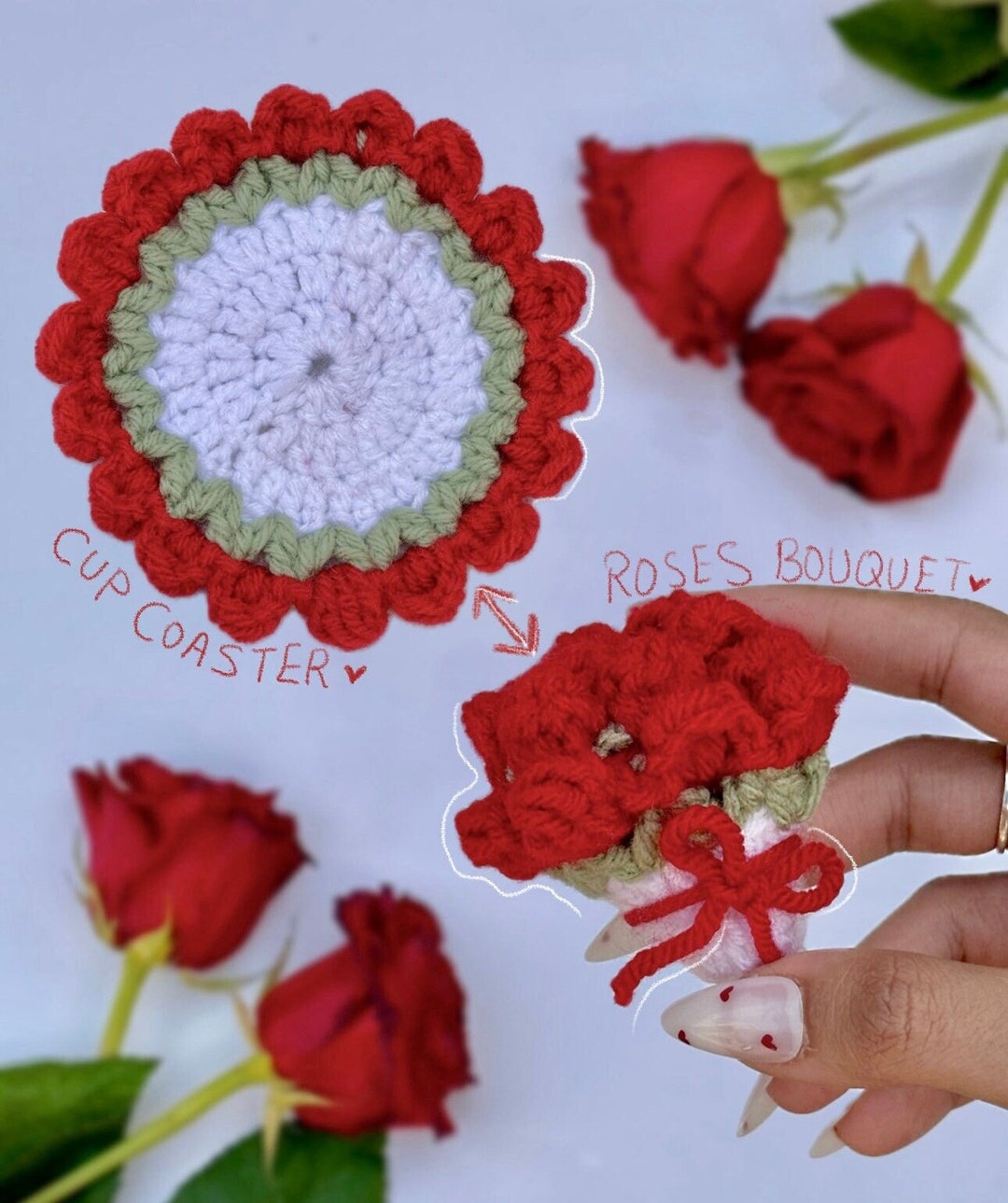 Valentine's Day Crocheted Red Flowers Tulips Roses Bouquet Coaster - Etsy