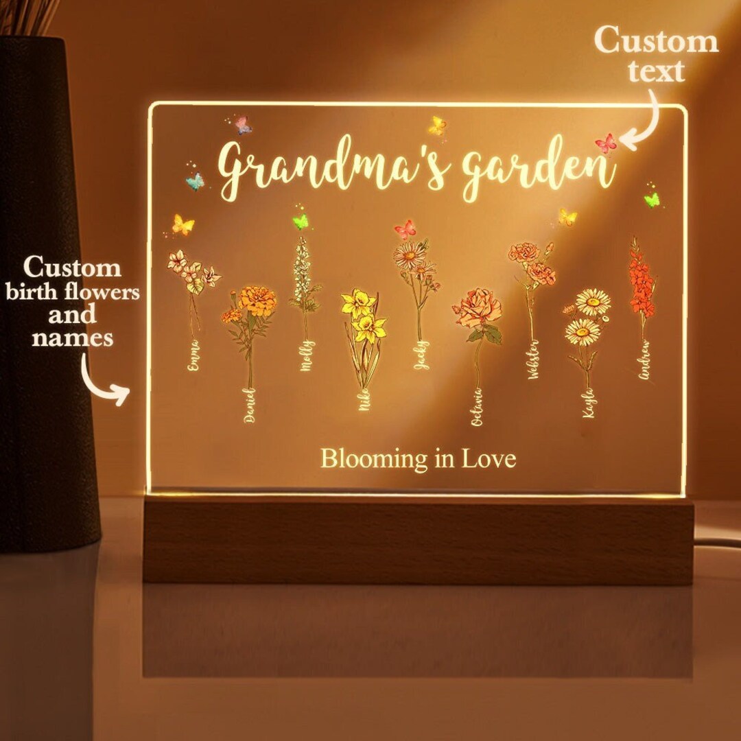 Personalized Birth Flowers Night Light Grandma's Garden Custom Acrylic ...