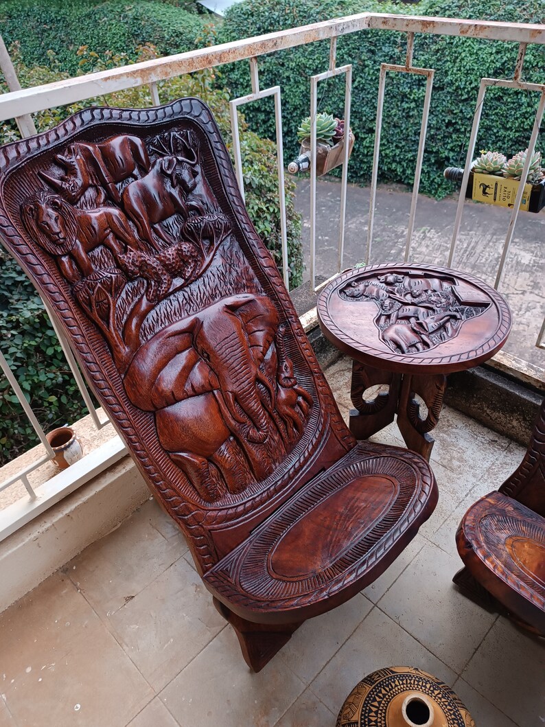 2 Vintage African Chairs, Carved Big-five Safari Animals Chair Sets ...