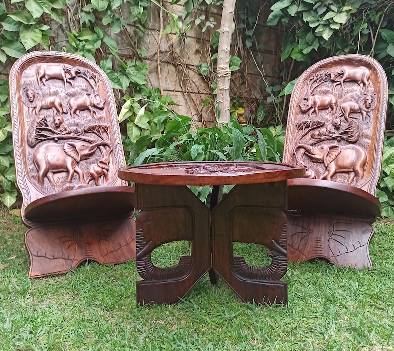 2 Vintage African Chairs, Carved Big-five Safari Animals Chair Sets ...