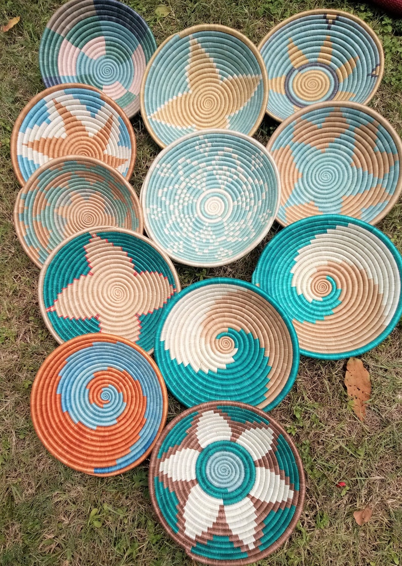 12 Turquoise Green Rwanda Baskets Wall Baskets african Basket Wall - Etsy
