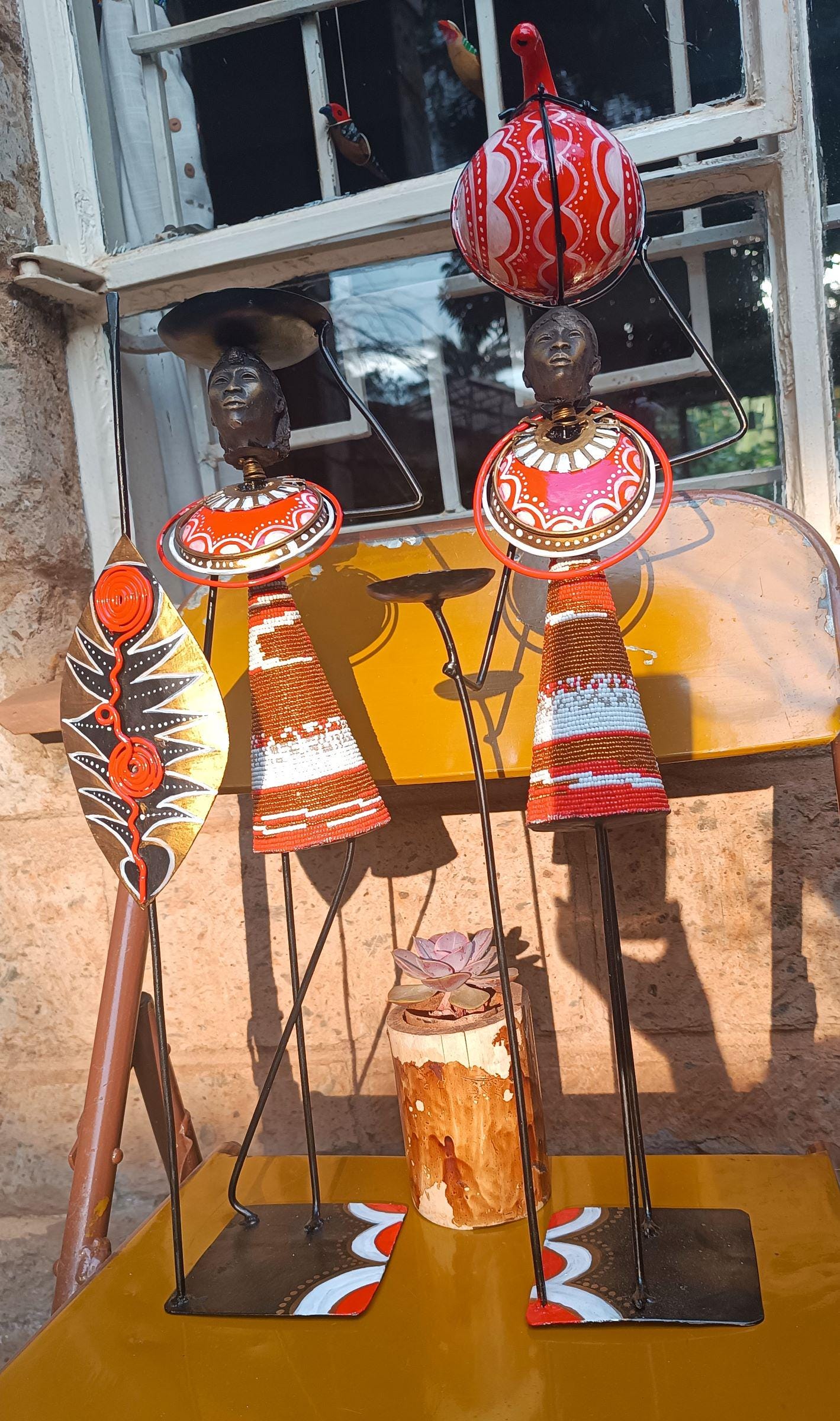 Upcycled Maasai Couple Sculpture | Beaded Candleholder Figurine, 24" - Etsy