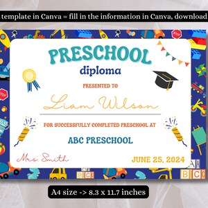 Editable Preschool Diploma for Boys Printable Kindergarten Graduation ...