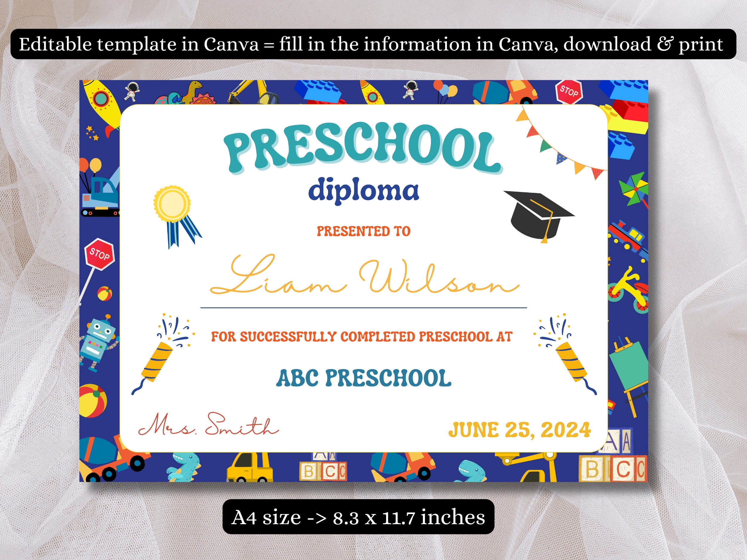 Editable Preschool Diploma for Boys Printable Kindergarten Graduation ...