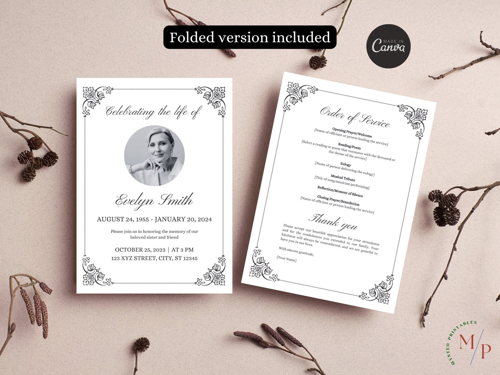 Minimalist Funeral Program for Women, Obituary Template for Women ...