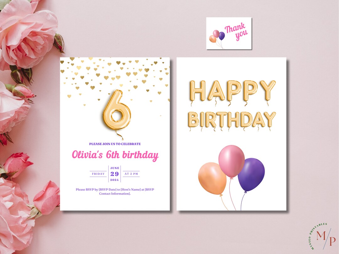 Editable 6th Birthday Invitation for Girls, Editable 6th Birthday ...