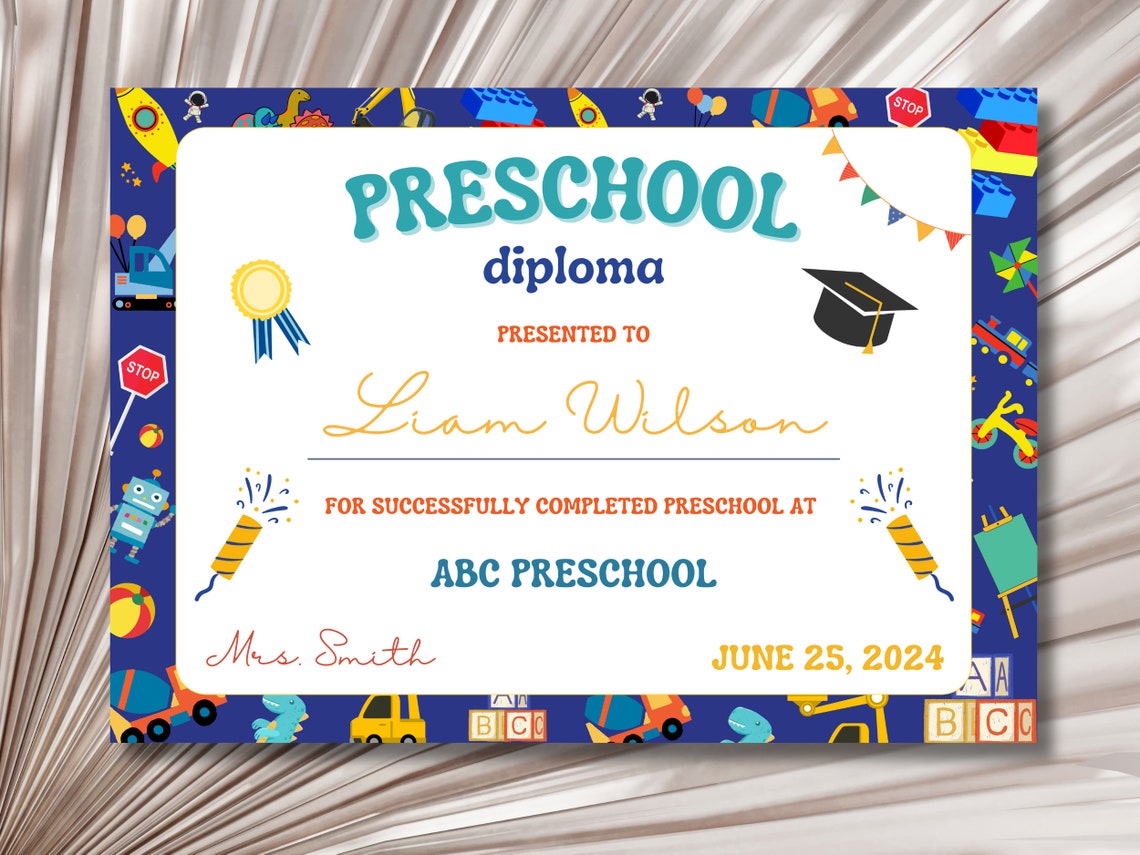 Editable Preschool Diploma for Boys Printable Kindergarten Graduation ...