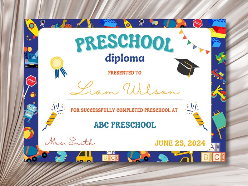 Editable Preschool Diploma for Boys Printable Kindergarten Graduation ...