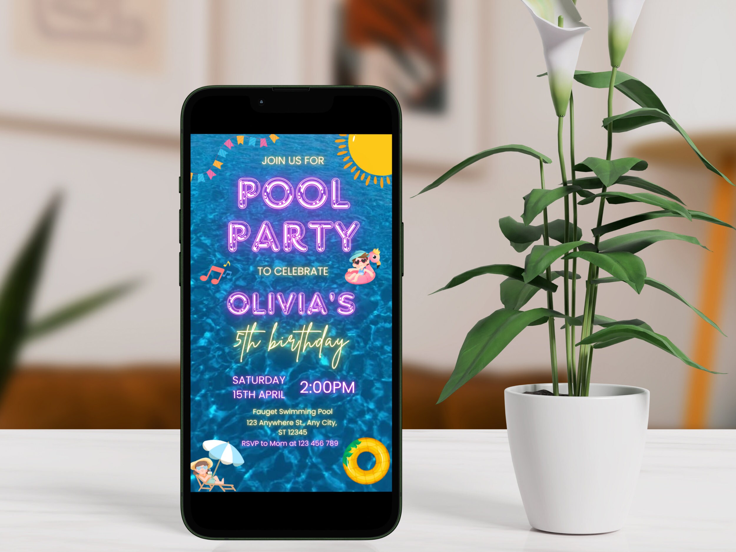 Animated Pool Party Birthday Invitation 5th Birthday Pool Party ...