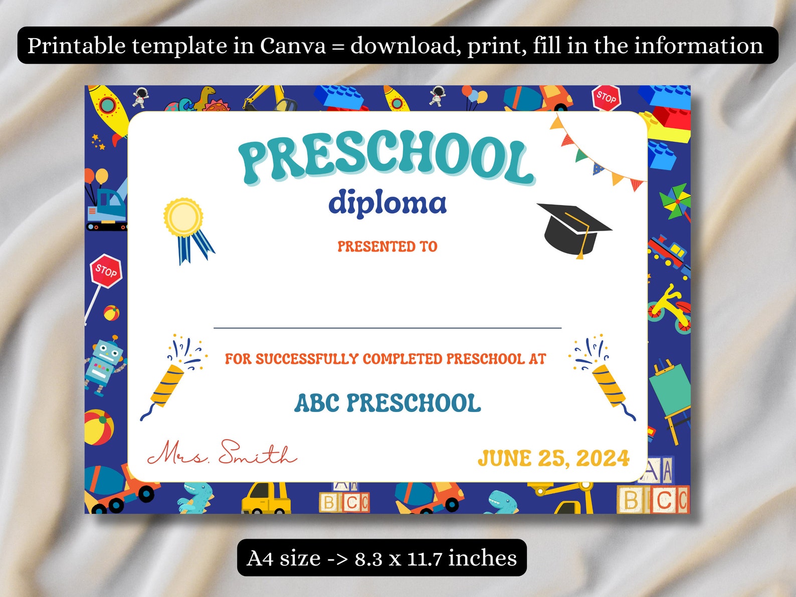 Editable Preschool Diploma for Boys Printable Kindergarten Graduation ...