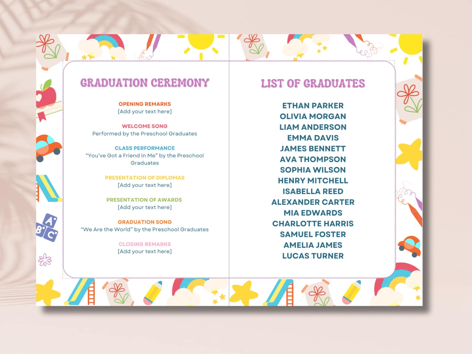 Preschool Graduation Program Template Editable Pre-k Graduation ...