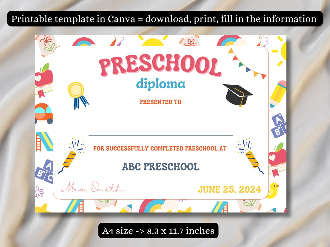 Editable Preschool Diploma | Printable Kindergarten Graduation Diploma ...