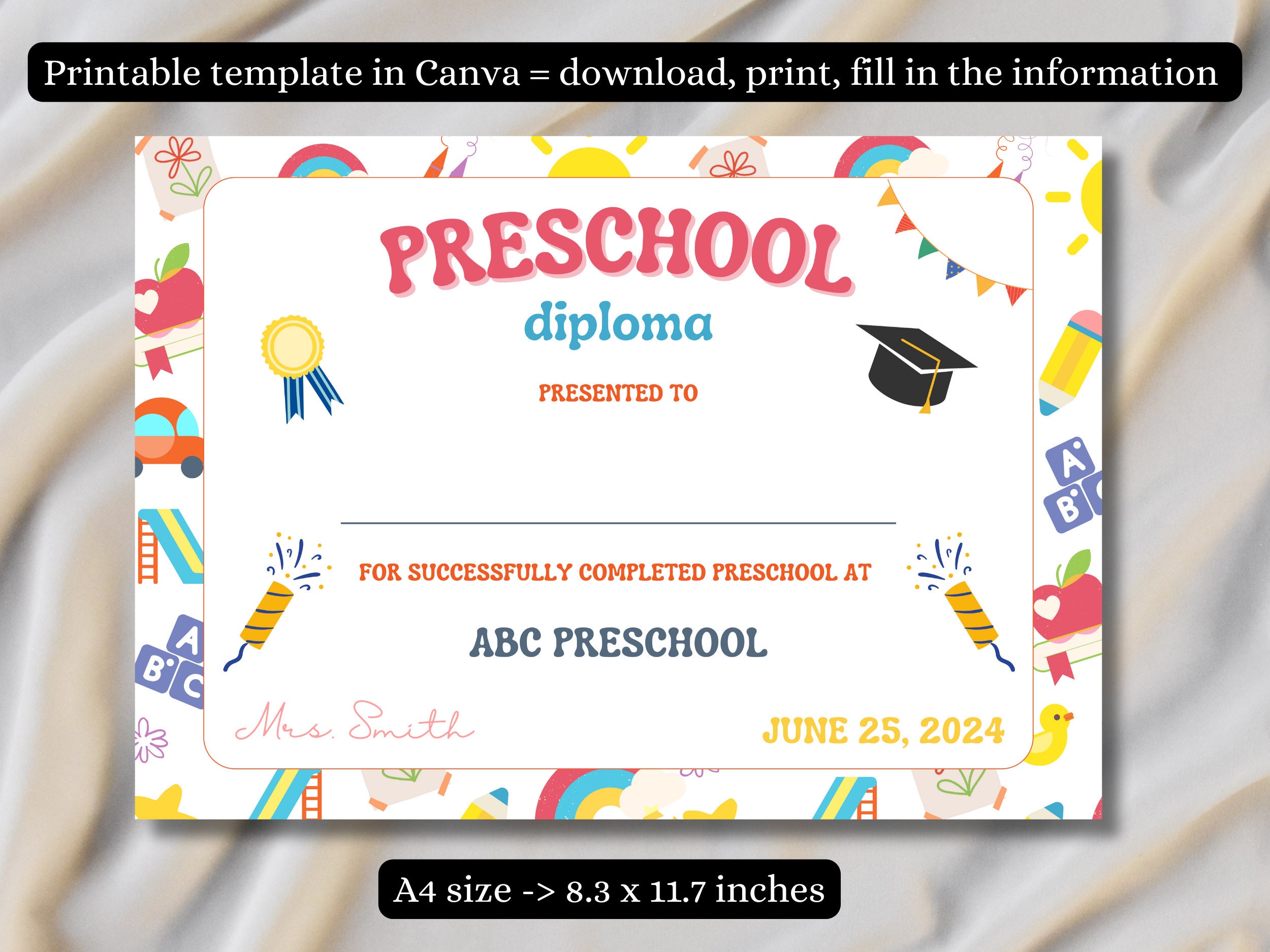 Editable Preschool Diploma | Printable Kindergarten Graduation Diploma ...