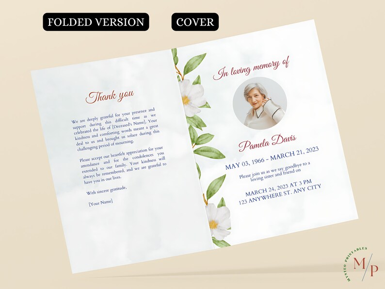 Beautiful Funeral Program for Women, Obituary Template, Celebration of ...