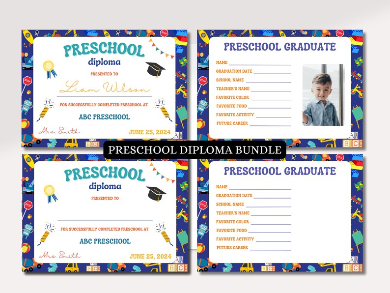 Editable Preschool Diploma for Boys Printable Kindergarten Graduation ...