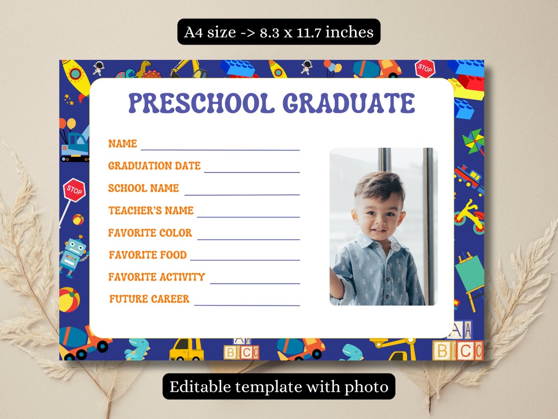 Editable Preschool Diploma for Boys Printable Kindergarten Graduation ...