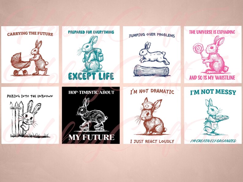 Bunny Design Bundle PNG SVG, Funny Rabbit Clipart Set Digital Download ...