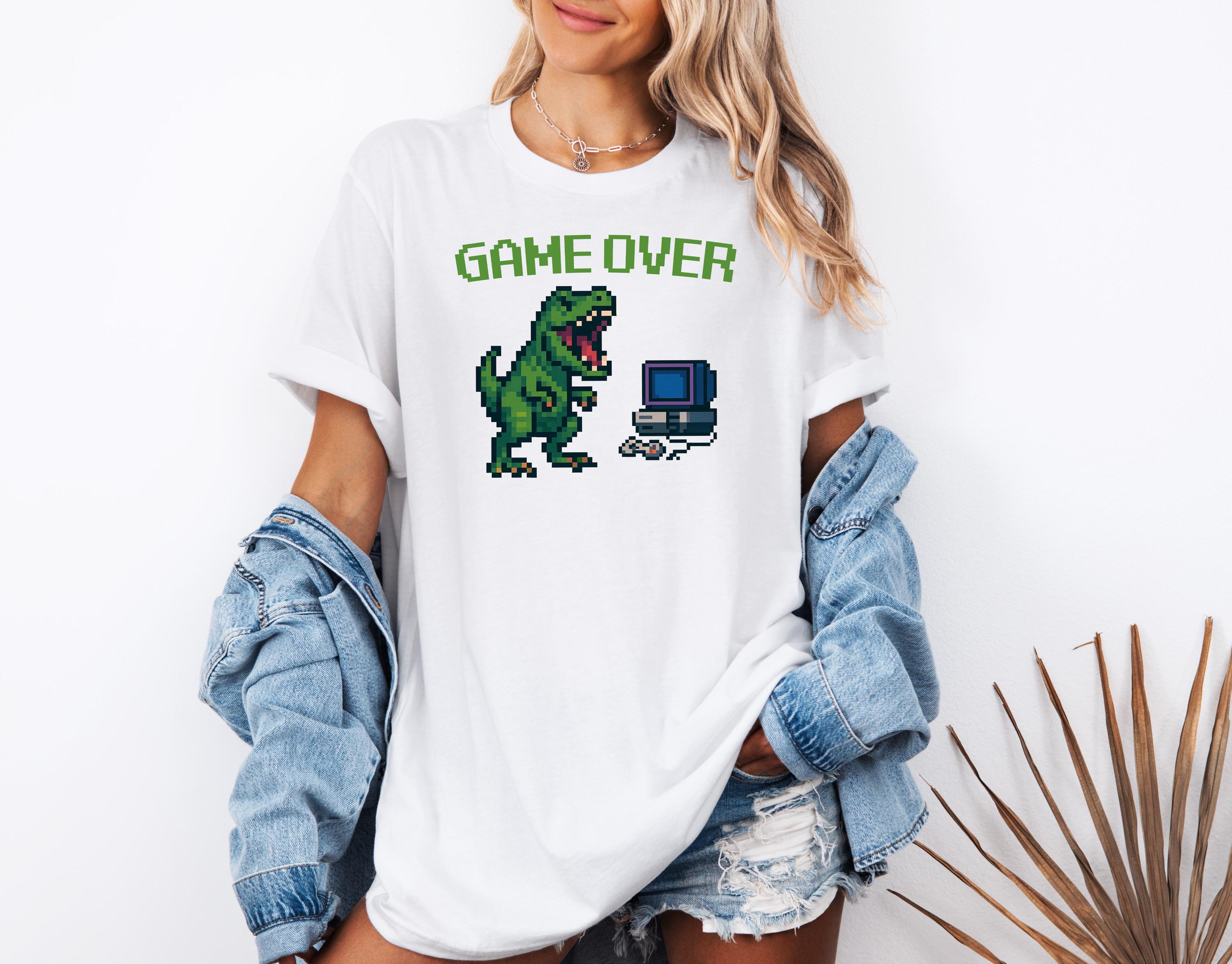 Pixelated T-rex Game Over T-shirt, Retro Dinosaur Roaring at TV and ...