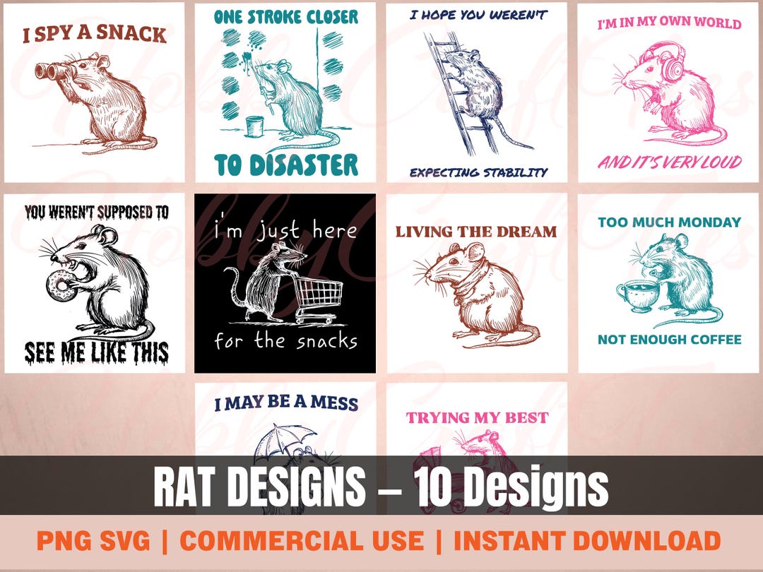 Rat Design Bundle PNG SVG, Funny Rat Clipart Set Digital Download ...