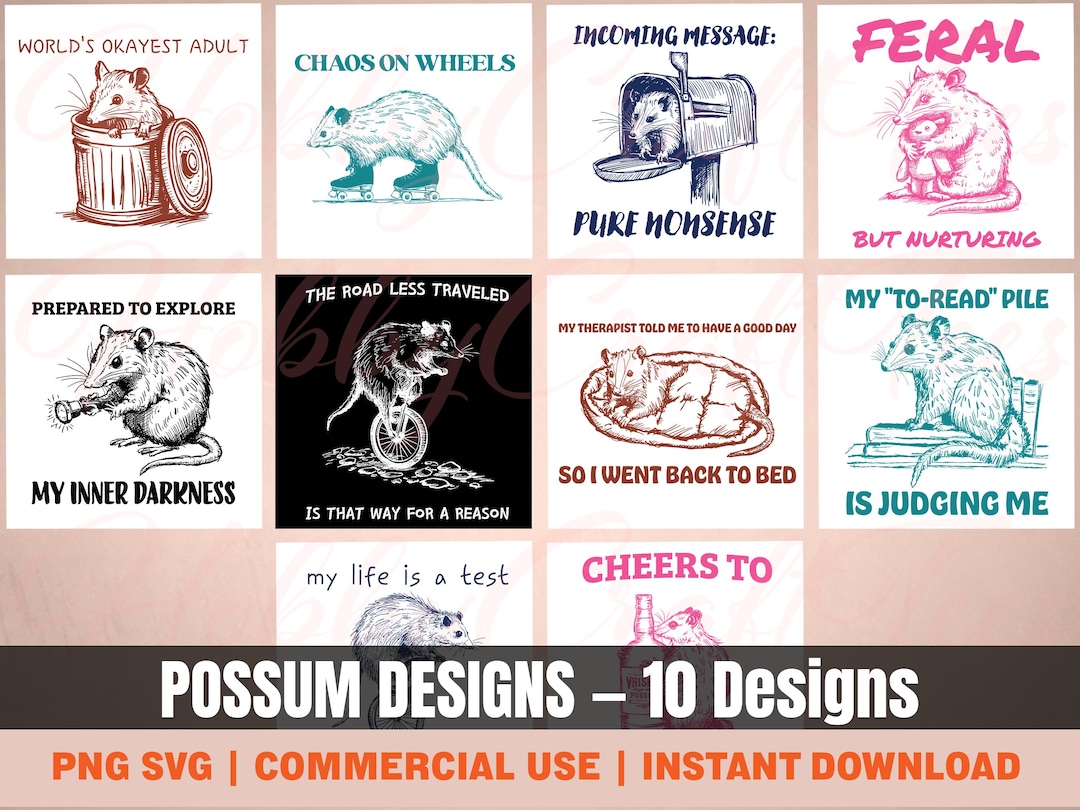 Possum Design Bundle PNG SVG, Funny Possum Clipart Set Digital Download ...