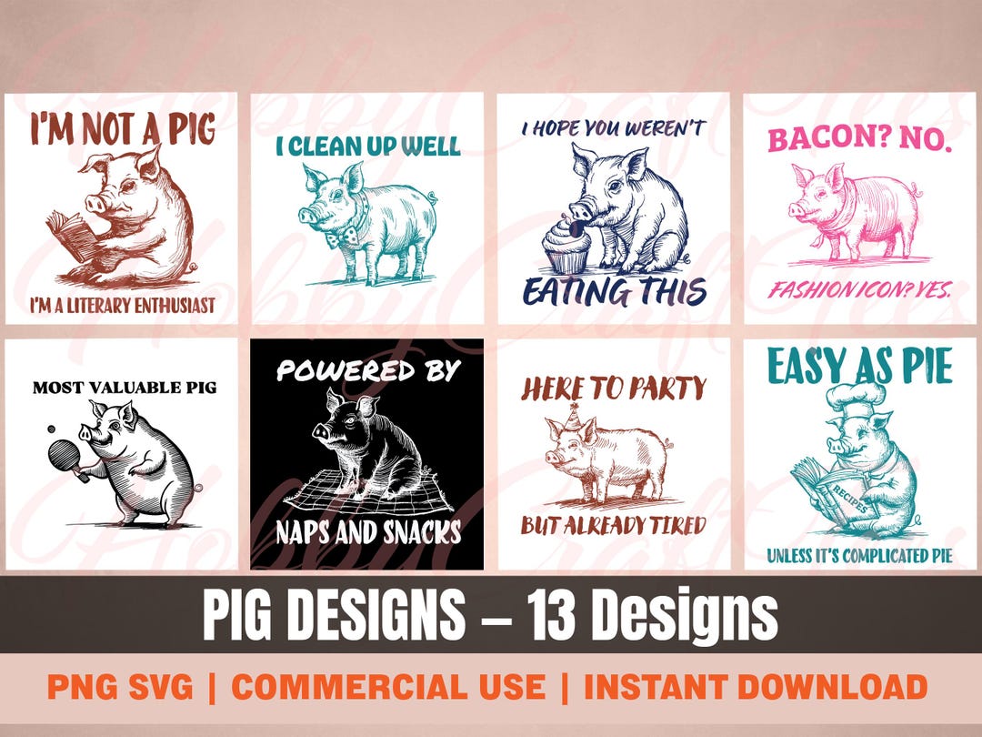 Pig Design Bundle PNG SVG, Funny Pig Clipart Set Digital Download, Farm ...