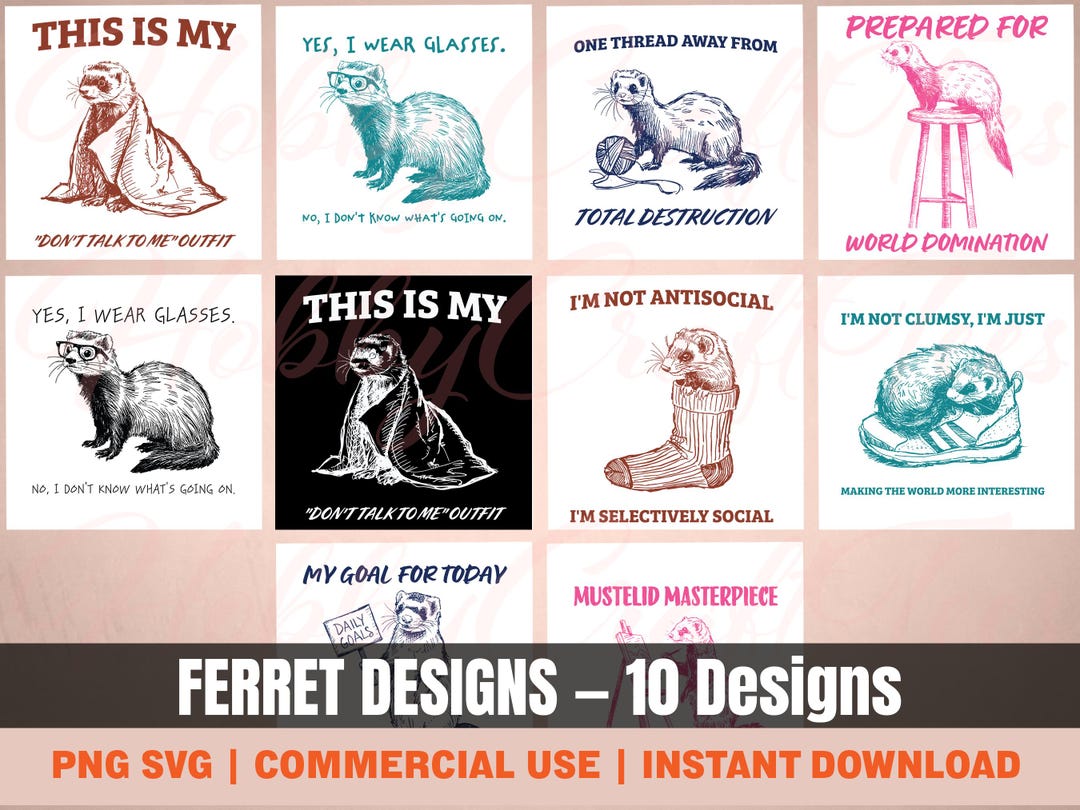 Ferret Design Bundle PNG SVG, Funny Ferret Clipart Set Digital Download ...