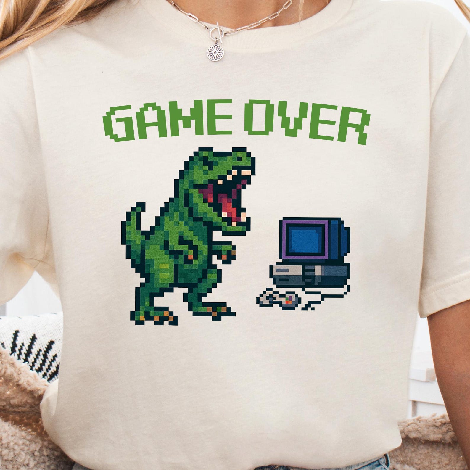 Pixelated T-rex Game Over T-shirt, Retro Dinosaur Roaring at TV and ...