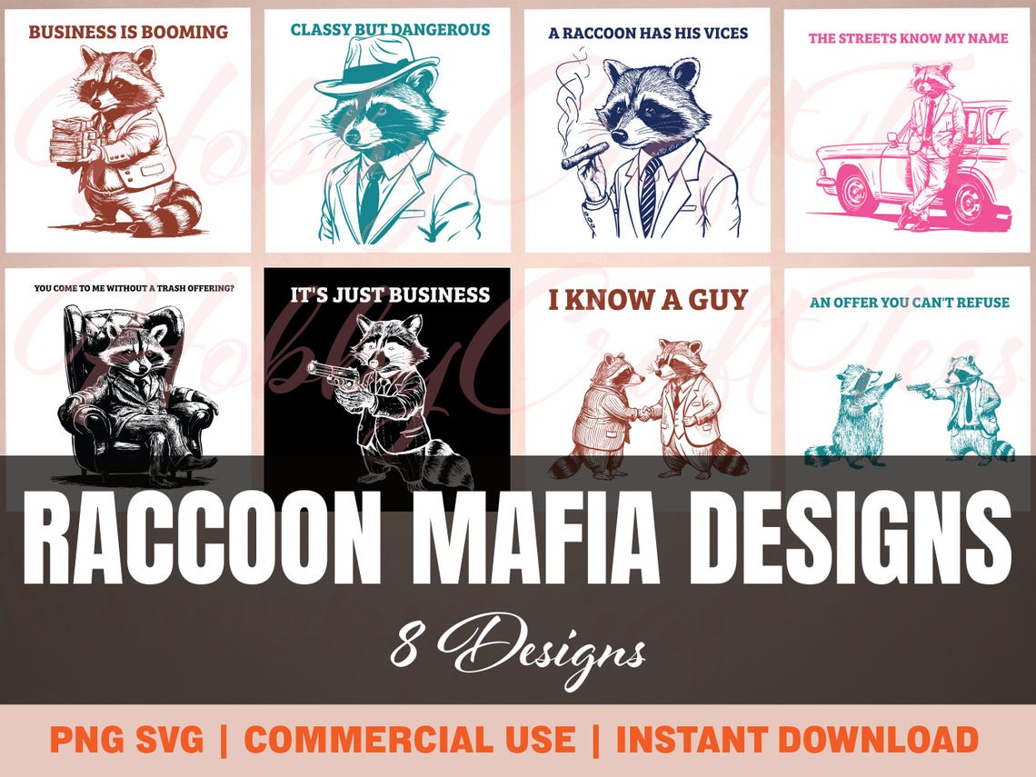 Raccoon Mafia PNG SVG Digital Download Bundle, 8 Mafia Raccoon Designs ...