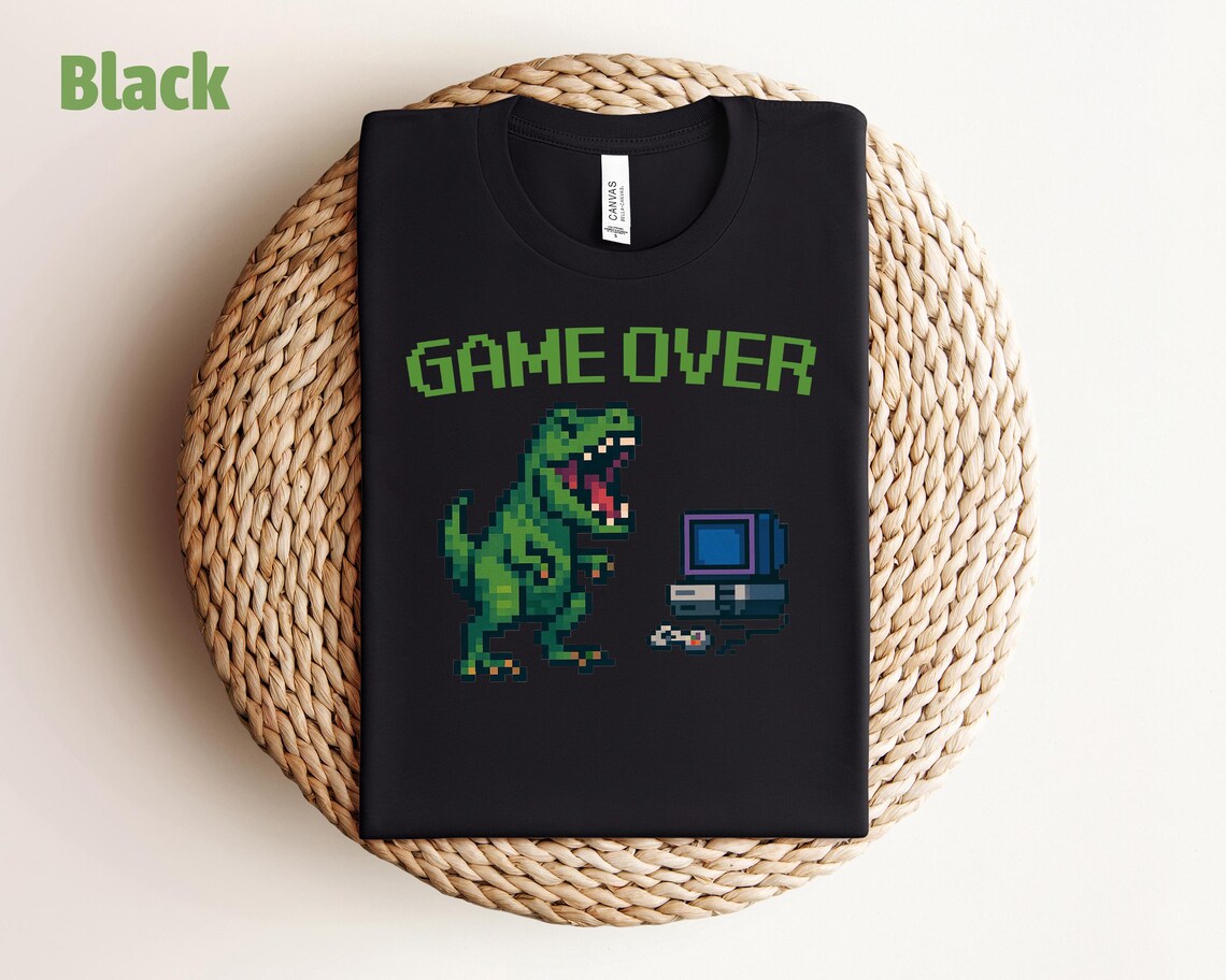 Pixelated T-rex Game Over T-shirt, Retro Dinosaur Roaring at TV and ...