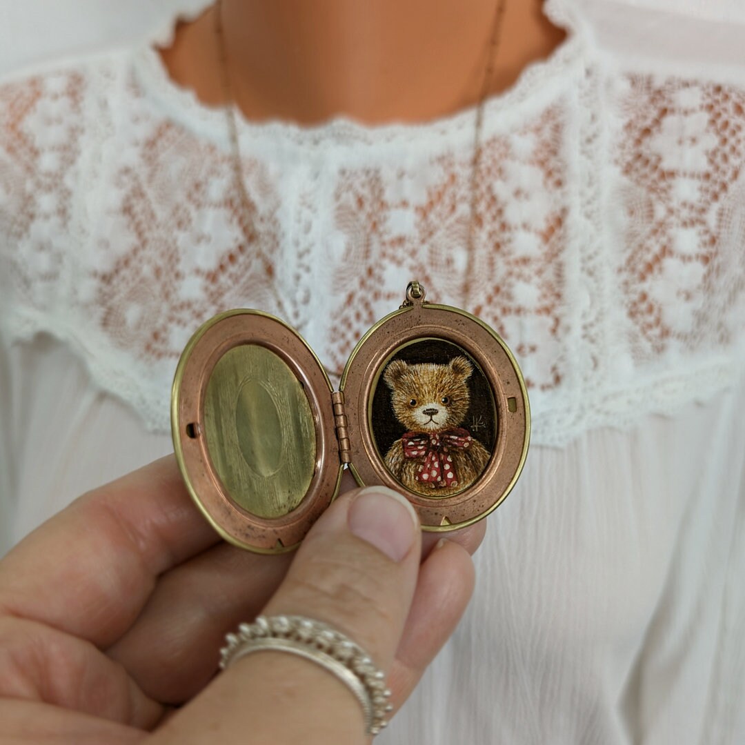 Vintage Large Locket With Teddy Bear Original Miniature Oil Painting ...