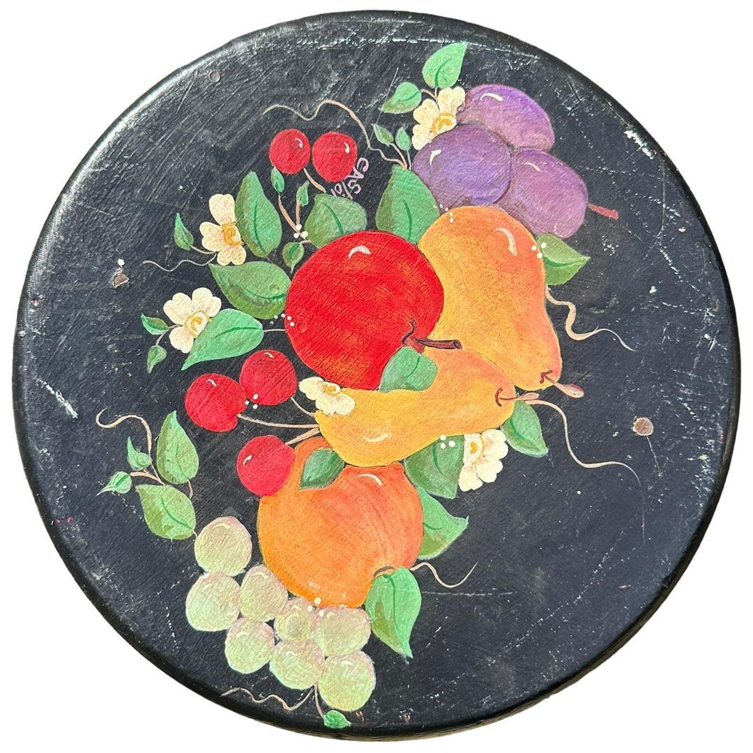 Vintage Black Stool With Fruit Artwork Wooden Stool - Etsy
