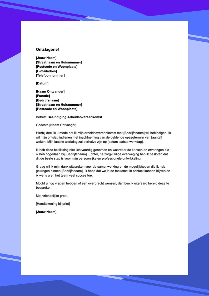 Editable Resignation Letter Dutch, Word Template, Dutch Resignation ...