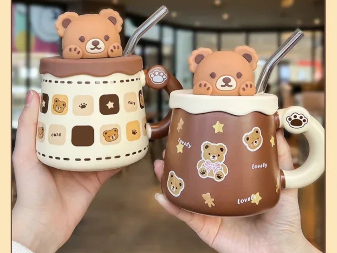 450ml Cute Ceramic Mug With Lid & Spoon Breakfast Milk Mugs Juice Cup ...