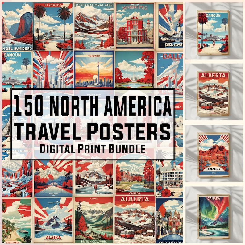 150 North America Vintage Travel Posters, Mexico, Canada, USA, Wall Art ...